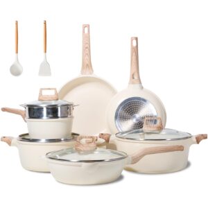 jeetee 18 pcs pots and pans set, pot sets for cooking nonstick, healthy kitchen cookware sets, pfas and pfoa free (beige)