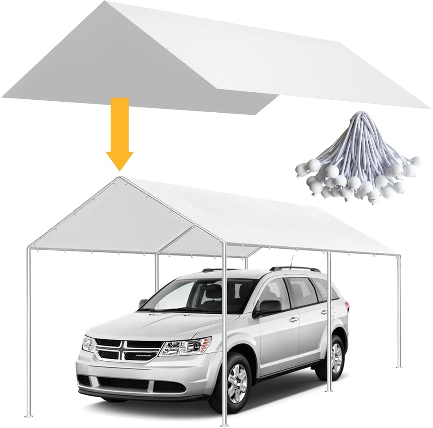 10 x 20 Ft Carport Replacement Canopy Cover, Heavy Duty Top Cover for Car Garage, Tear-Proof, Anti-UV & Waterproof Party Tent Shelter Tarp with 42 Ball Bungees (Only Cover, Frame Not Include) White