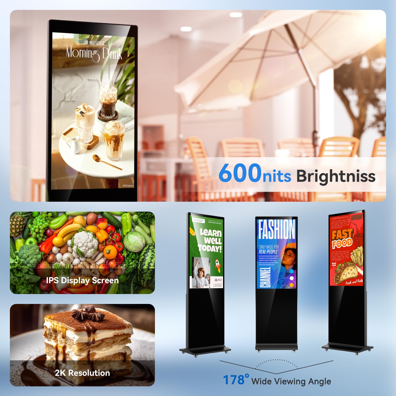 antfraer 43 Inch Digital Signage Kiosks Touchscreen, Floor Standing Advertising Display Screen with 600 Nits High Brightness Commercial LCD Totem Android OS with Auto Media Player