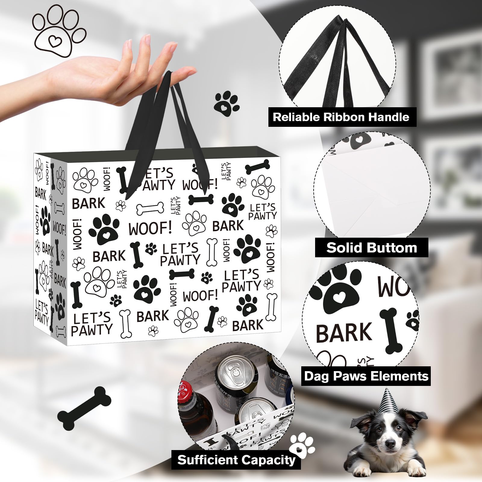 Large Puppy Dog Paw Print Gift Bags with Card Tissue Paper Let's Pawty Party Decorations Black White Dog Wrapping Paper Bag Paw Print Favors Treat Goodie Bags for Boys Girls Kids Christmas Pet Birthday Party Decor