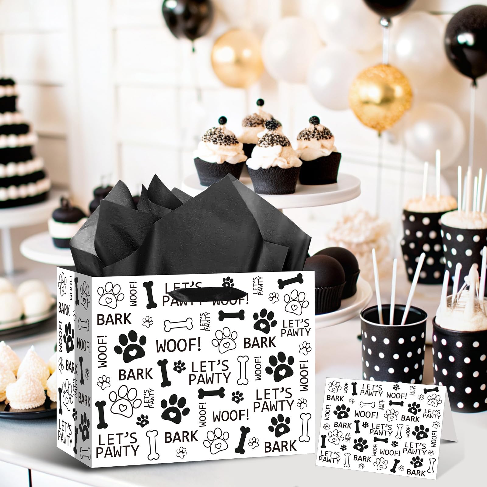 Large Puppy Dog Paw Print Gift Bags with Card Tissue Paper Let's Pawty Party Decorations Black White Dog Wrapping Paper Bag Paw Print Favors Treat Goodie Bags for Boys Girls Kids Christmas Pet Birthday Party Decor