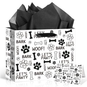 large puppy dog paw print gift bags with card tissue paper let's pawty party decorations black white dog wrapping paper bag paw print favors treat goodie bags for boys girls kids christmas pet birthday party decor