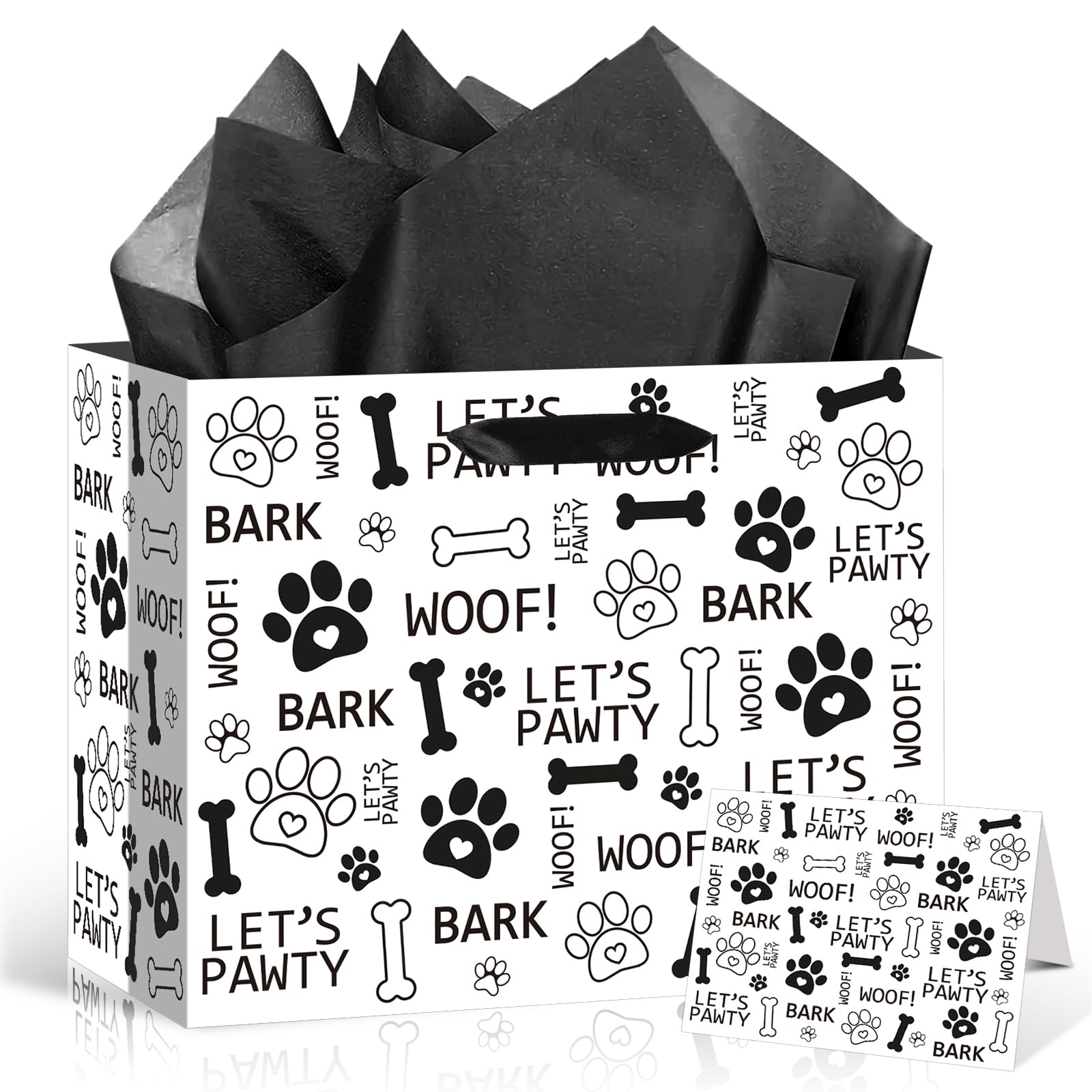 Large Puppy Dog Paw Print Gift Bags with Card Tissue Paper Let's Pawty Party Decorations Black White Dog Wrapping Paper Bag Paw Print Favors Treat Goodie Bags for Boys Girls Kids Christmas Pet Birthday Party Decor