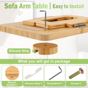 Couch Arm Table Tray, Bamboo Sofa Arm Tray Clip on Side Table with 360° Phone Holder, Foldable Couch Tray for Eating,Drinking,Snacks,Coffee,TV,Remote