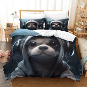 nacho yafa cute dj dog quilt cover bedding set 3d printed duvet cover comforter covers with pillowcases 3 pieces for childrens and adults microfiber with zipper closure full（203x228cm）