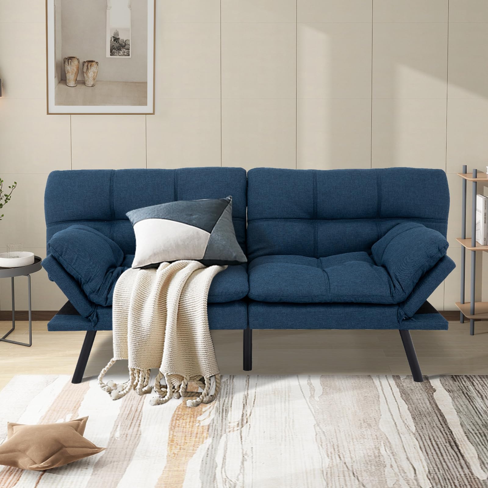 MUUEGM Adjustable Futon Sofa Bed - Memory Foam home sleeper sofa for bedroom - Fabric Sofa Couch with Loveseat,Blue.