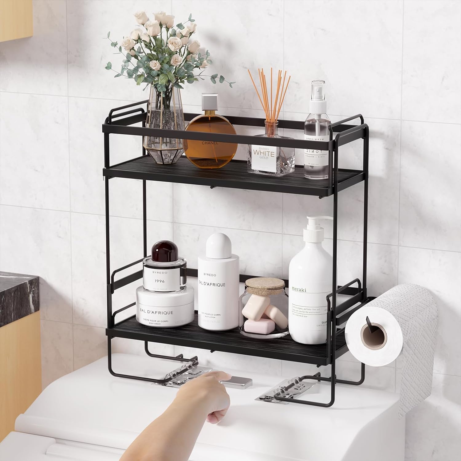 NUTSAAKK Over Toilet Storage, Over Toilet Bathroom Organizer for Space Saving, 2-Tier Above Toilet Storage Back of Toilet Rack for Women (Black Wooden)