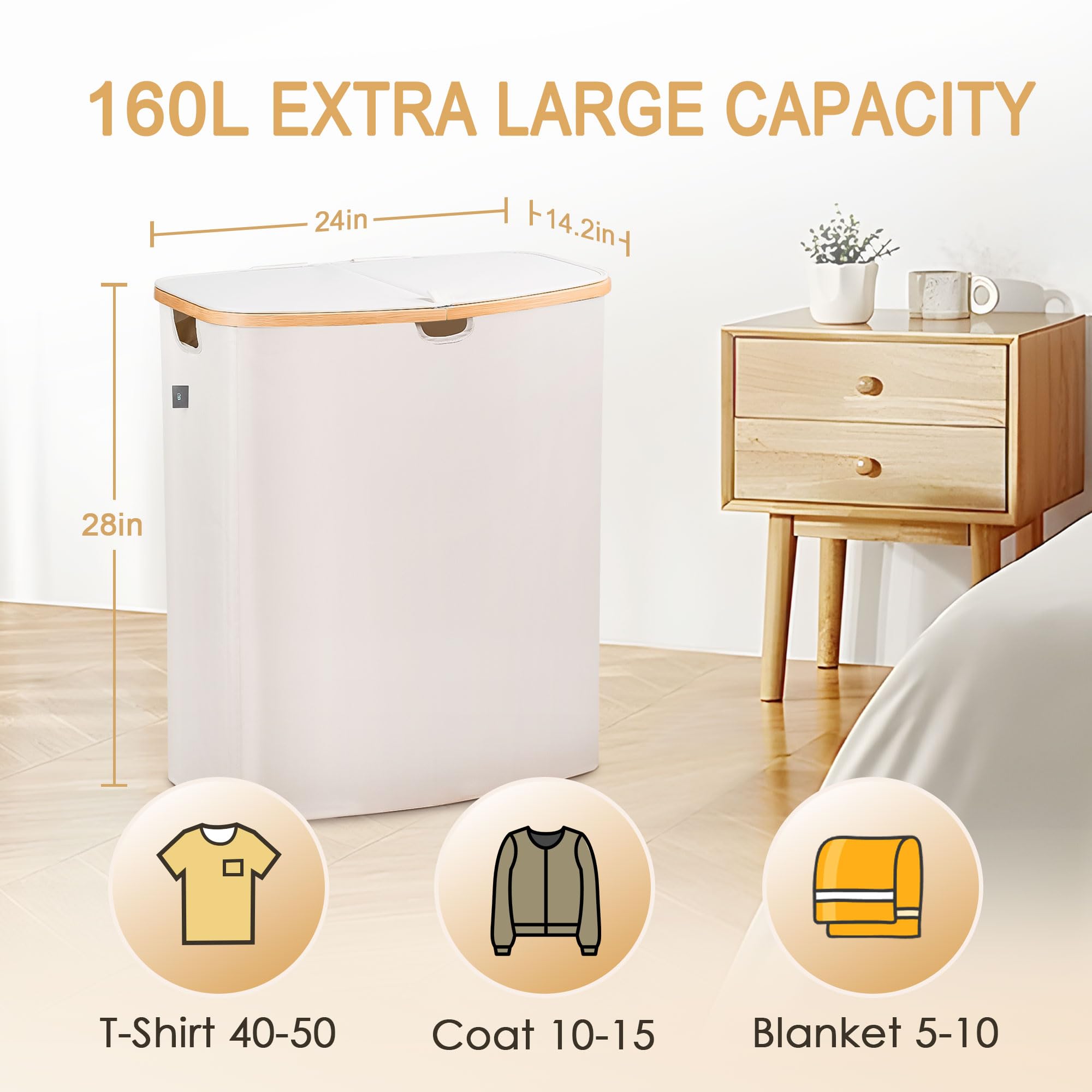 160L Laundry Hamper with Lid, Large Laundry Basket 3 Section with Bamboo Handle, Collapsible Dirty Clothes Hampers for Bedroom Aesthetic, Bathroom, Laundry Room, Beige