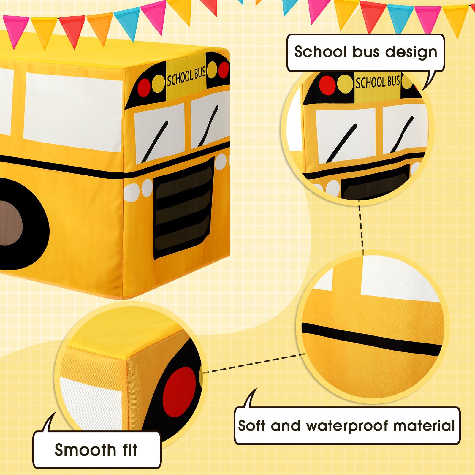 Oudain 6 Ft School BusTablecloth Birthday Party Table Cover Washable Fabric Polyester Rectangle Table Cover Protector School Bus Theme Party Back to School Party Decorations