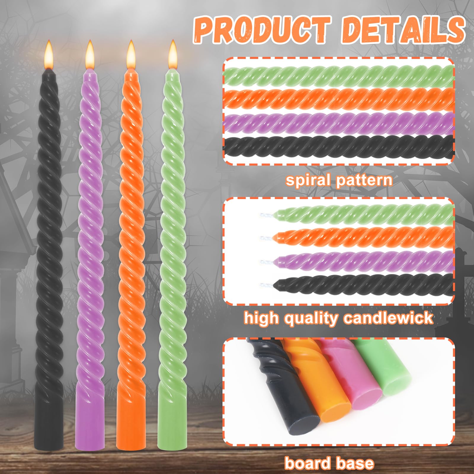 Whaline 8Pcs 10 Inch Halloween Spiral Taper Candles Black Orange Purple Green Dripless Twisted Wax Candles Long Unscented Candle Sticks for Home Party Supplies