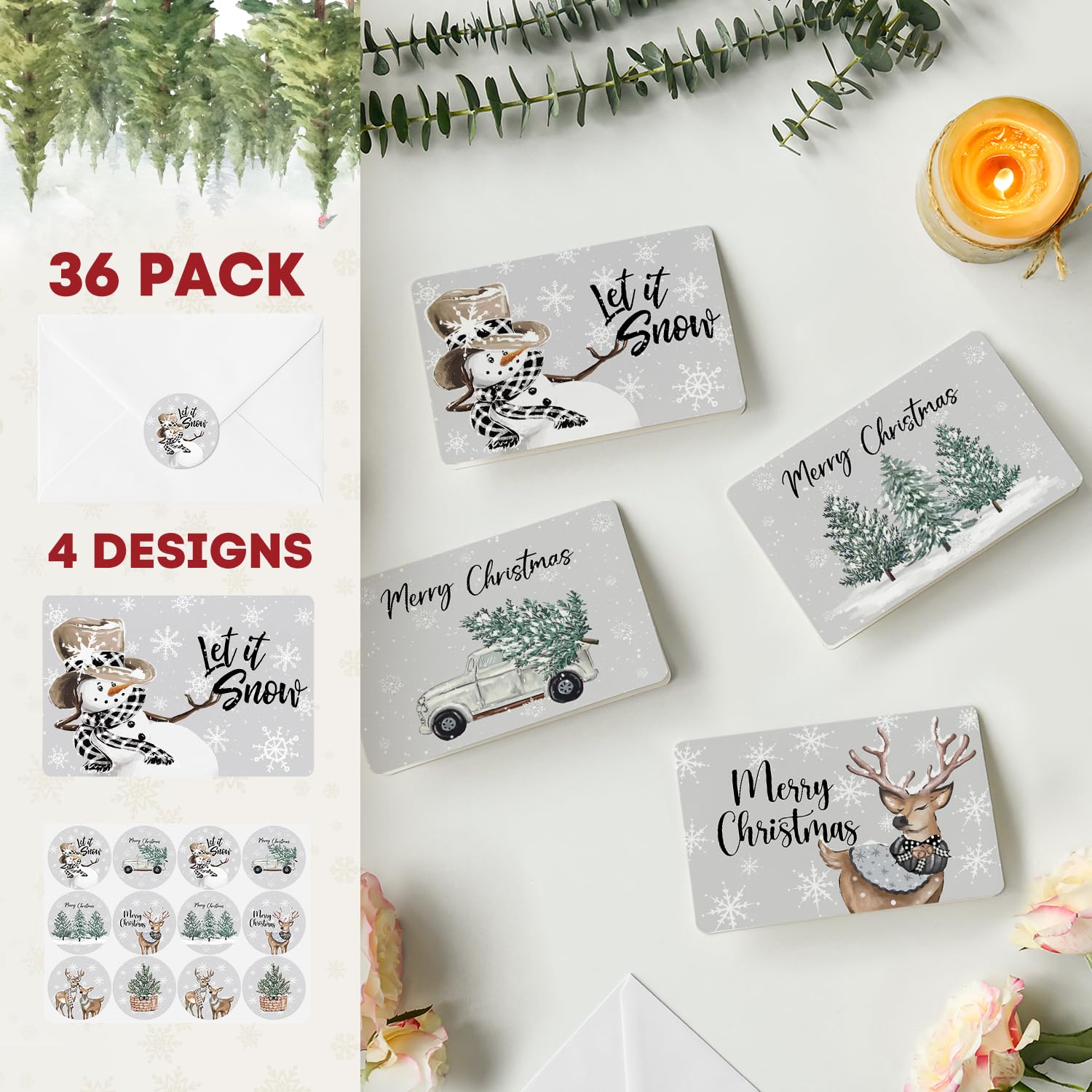 Artoid Mode 36 Pack Merry Christmas Thank You Cards Deer Snowman Truck Xmas Tree Greeting Cards Gift With Envelope Sticker Blank Note Cards for Birthday Wedding Baby Shower Bridal Shower, 4 x 6 Inch