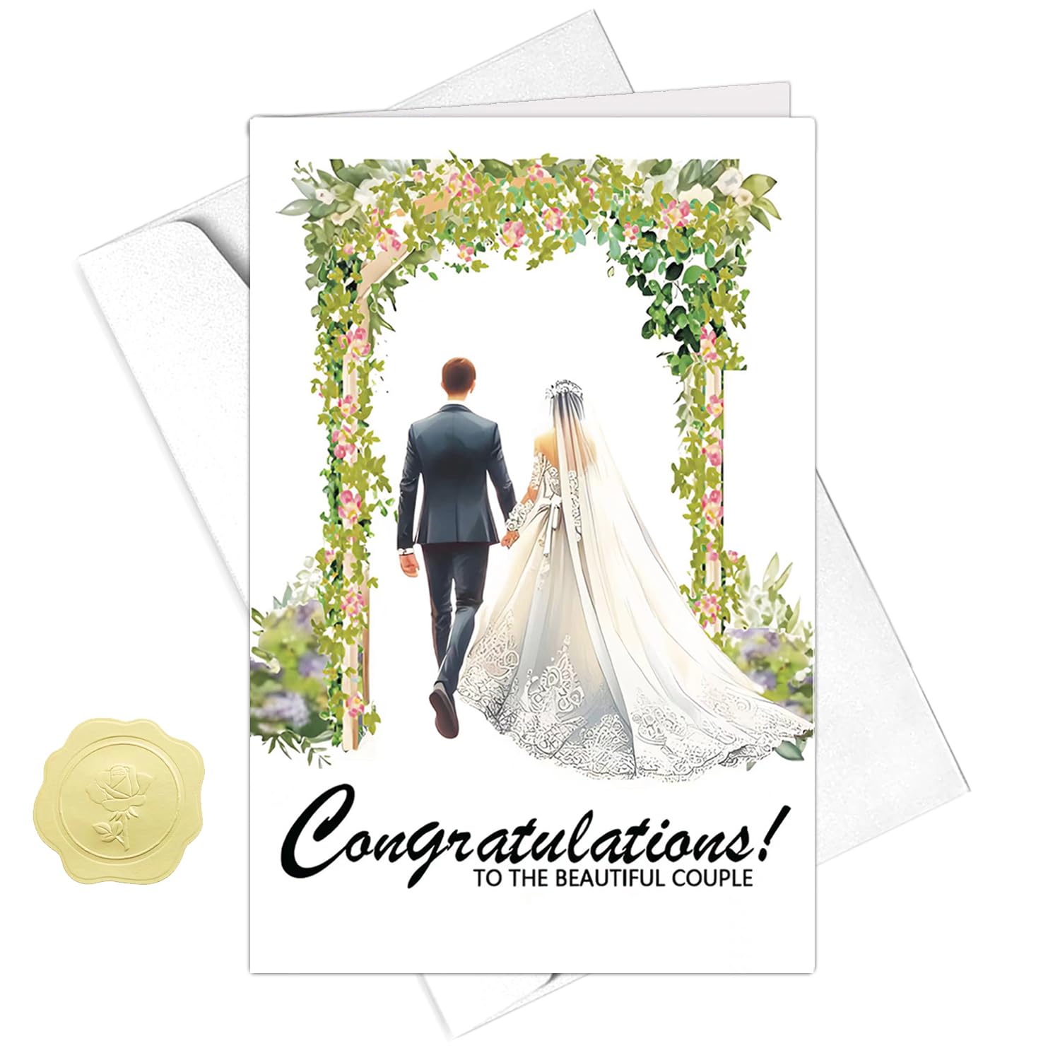 ZyvSyldrin Wedding Card for Bride and Groom, Marriage Card for Couple, Wedding Day Congratulations Card, with Envelope and Gold Rose Seal, 5.5" x 8.5"