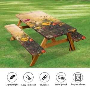 Yuresuaet Floral Paintingh Print Windproof Picnic Table Cover with Bench Covers Set for for Road Trip Camping Gear Accessories 30'' x 94'' Table Cloth 3 in 1