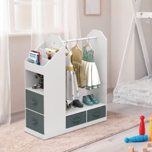 wemakmak kids play armoire with storage bins and closet for dress up and costumes, includes mirror - white