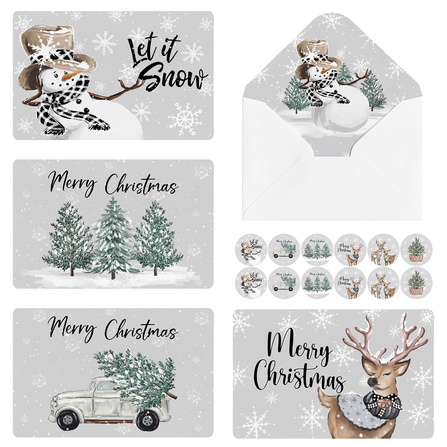 Artoid Mode 36 Pack Merry Christmas Thank You Cards Deer Snowman Truck Xmas Tree Greeting Cards Gift With Envelope Sticker Blank Note Cards for Birthday Wedding Baby Shower Bridal Shower, 4 x 6 Inch