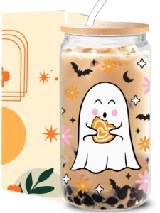 kikuhe halloween ghost iced coffee glass cups, 16oz cute floral ghost glass cups with lids and straws, halloween gifts, cute spooky gifts for her, spooky halloween tumbler mug for women girls kids