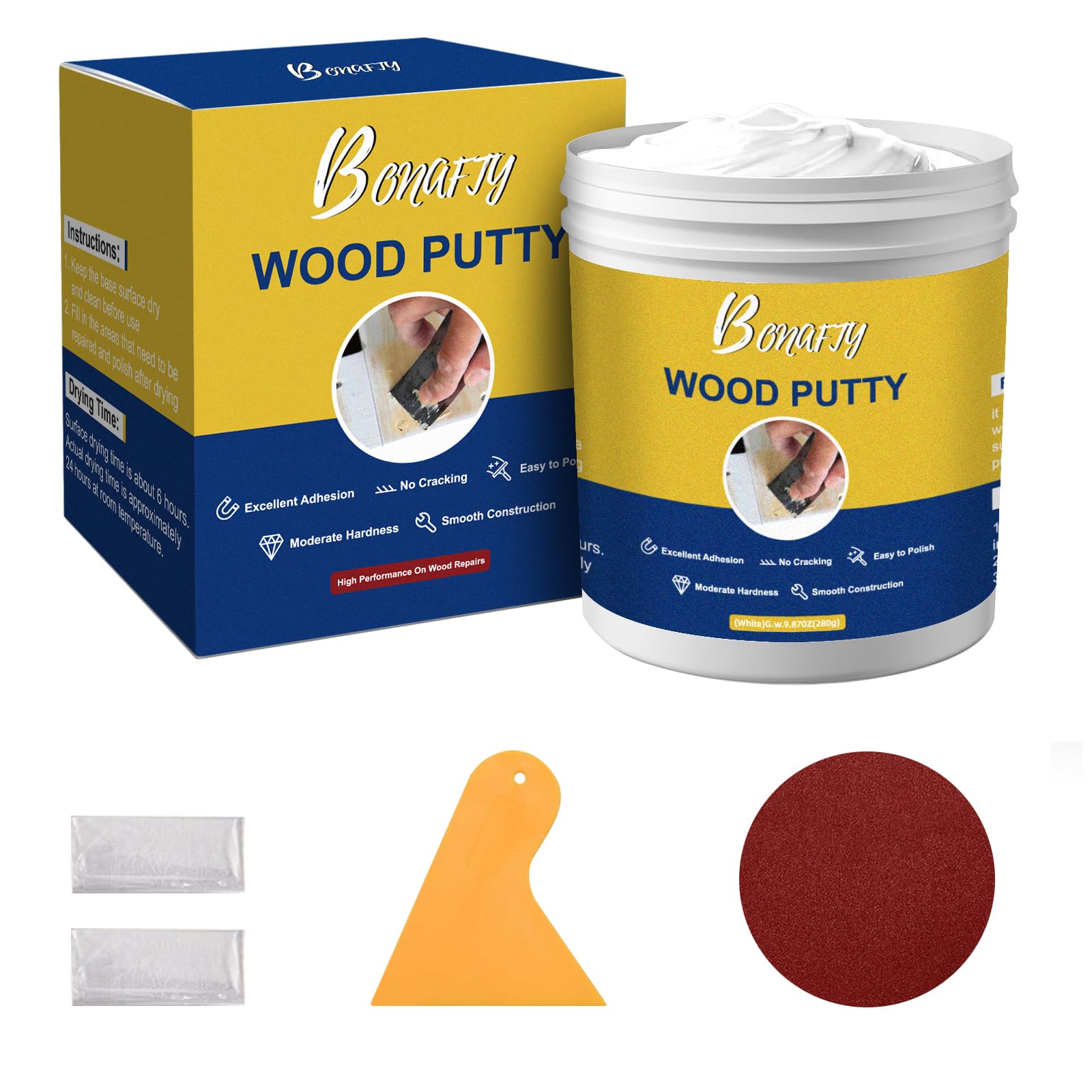 BONAFTY Wood Filler, Wood Filler Paintable, Wood Repair Putty Stainable, Quick Drying, Repairs Holes, Cracks, Chips in Wood Furniture, Outdoor Wood Furniture Repair Kit, 9.87 Oz, White