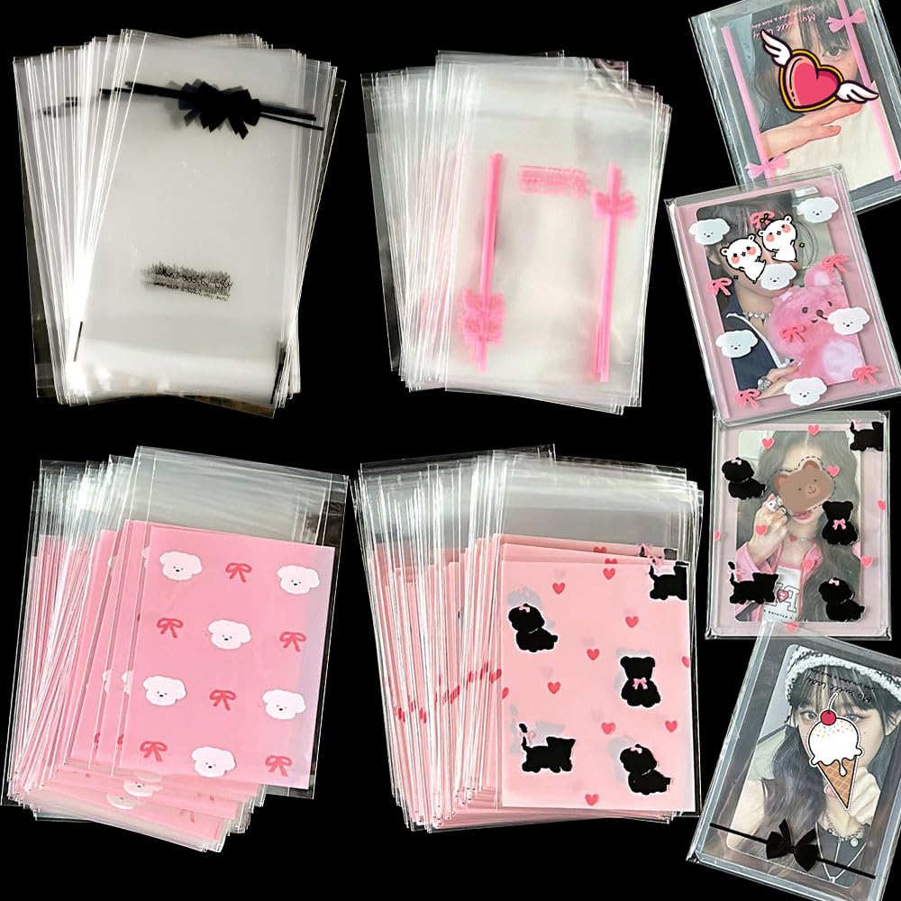 200Pcs Resealable Cellophane Bags Self Adhesive Cookie Bags,Pink Bow Small Candy Bags Treat Bags,Clear Photocard Sleeves,Plastic Bags Gift Bags for Dessert,Party Treats,Bakery,Card Protector Sleeves