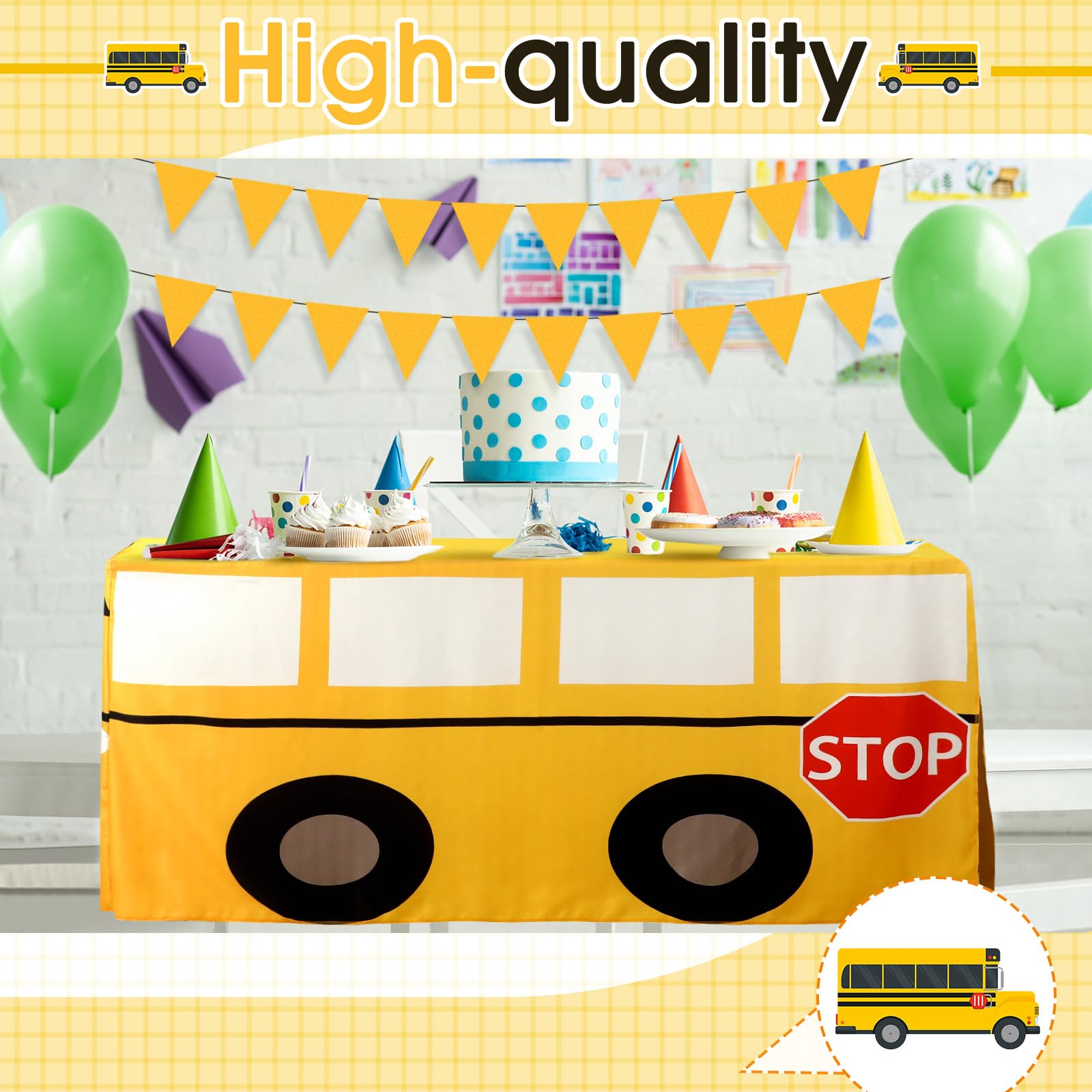 Oudain 6 Ft School BusTablecloth Birthday Party Table Cover Washable Fabric Polyester Rectangle Table Cover Protector School Bus Theme Party Back to School Party Decorations