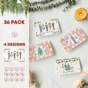 Artoid Mode 36 Pack Merry Christmas Thank You Cards Snowflake Holly Nutcrackers Greeting Cards Gift With Envelope Sticker Blank Note Cards for Birthday Wedding Baby Shower Bridal Shower, 4 x 6 Inch