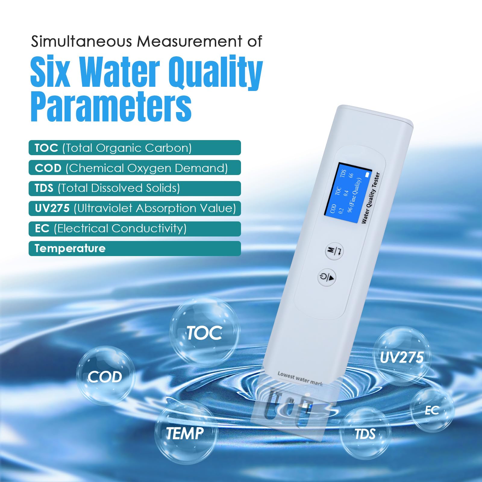 JuviPerpric TDS Meter, 6 in 1Digital Water Tester,COD/TOC/TDS/UV275/EC/Temp Water Quality Tester for Drinking Water, Well, Tap, Purified etc.