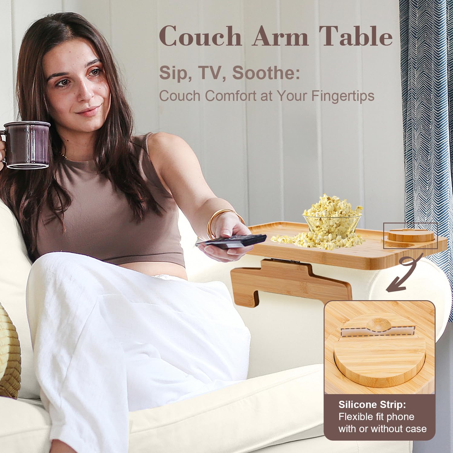 Couch Arm Table Tray, Bamboo Sofa Arm Tray Clip on Side Table with 360° Phone Holder, Foldable Couch Tray for Eating,Drinking,Snacks,Coffee,TV,Remote