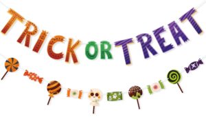 vilifever trick or treat banner for halloween party decorations, spooky candy garland bunting wall home decor halloween theme baby shower birthday party supplies office classroom decorations