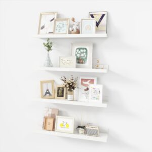 acovy picture ledge shelf, wood floating shelves set of 4, 24 inch picture ledge shelves, photo ledge nursery book shelves wall mounted for living room kids' room bedroom, color white