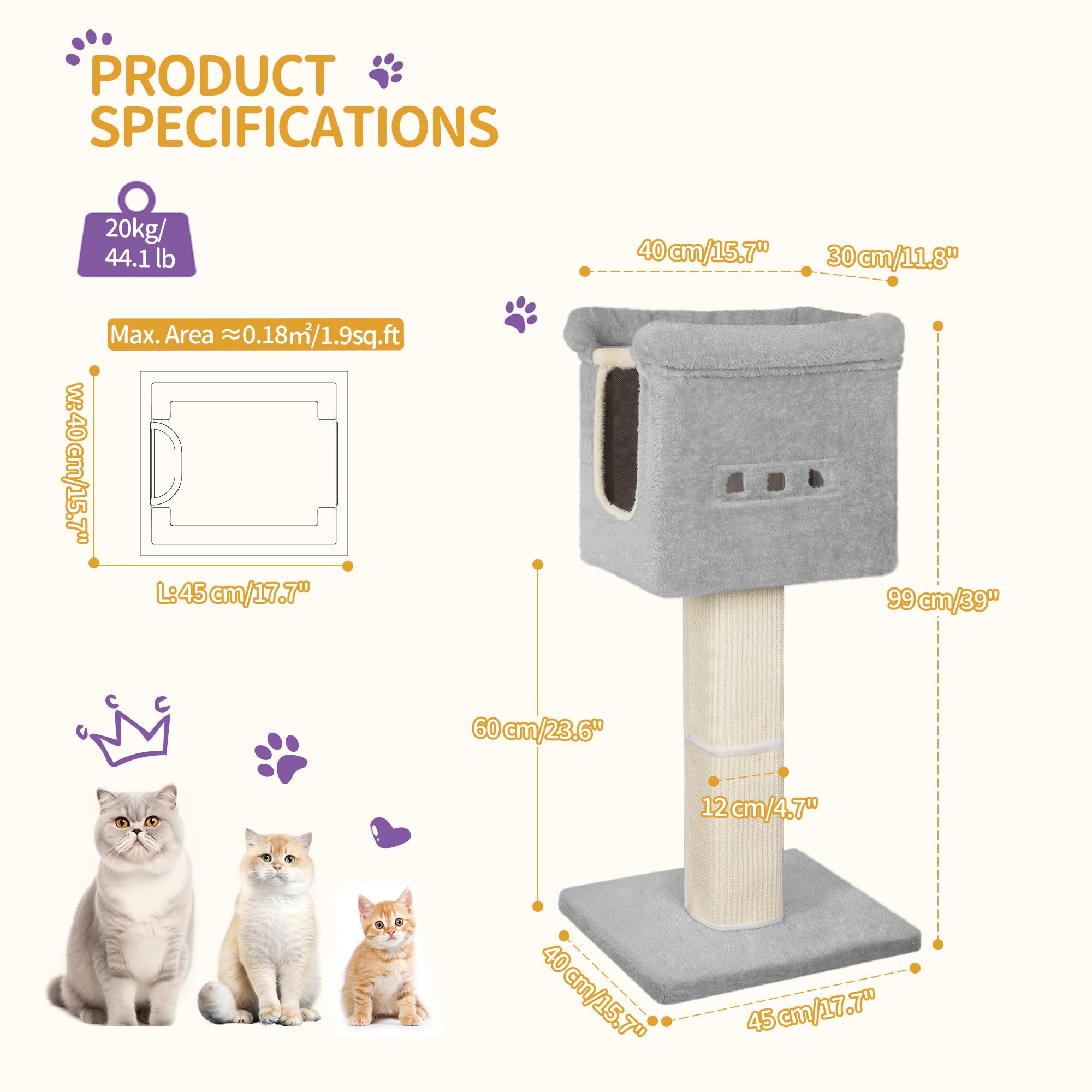 Hzuaneri 39-Inch Cat Scratching Post Tower with Bed, Cat Tower with LED Light Strip, Cat Scratcher Post with Woven Sisal, Condo, Pompom, Light Gray MS99018LG