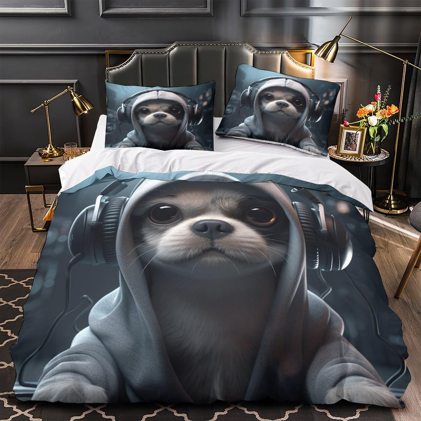 NACHO YAFA Cute DJ Dog Quilt Cover Bedding Set 3D Printed Duvet Cover Comforter Covers with Pillowcases 3 Pieces for Childrens and Adults Microfiber with Zipper Closure Full（203x228cm）