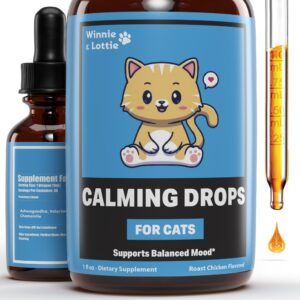 winnie & lottie cat calming drops | cat anxiety relief | calm cat | anxiety relief for cats | cat calming | cat calming supplement | cat anxiety | cat stress relief | 1 fl oz | roast chicken flavor