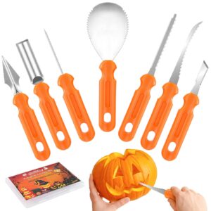 alinnart pumpkin carving kit, professional stainless steel carving tools for halloween, 7 piece heavy duty jack-o-lantern decoration sculpting knife set for adults and kids