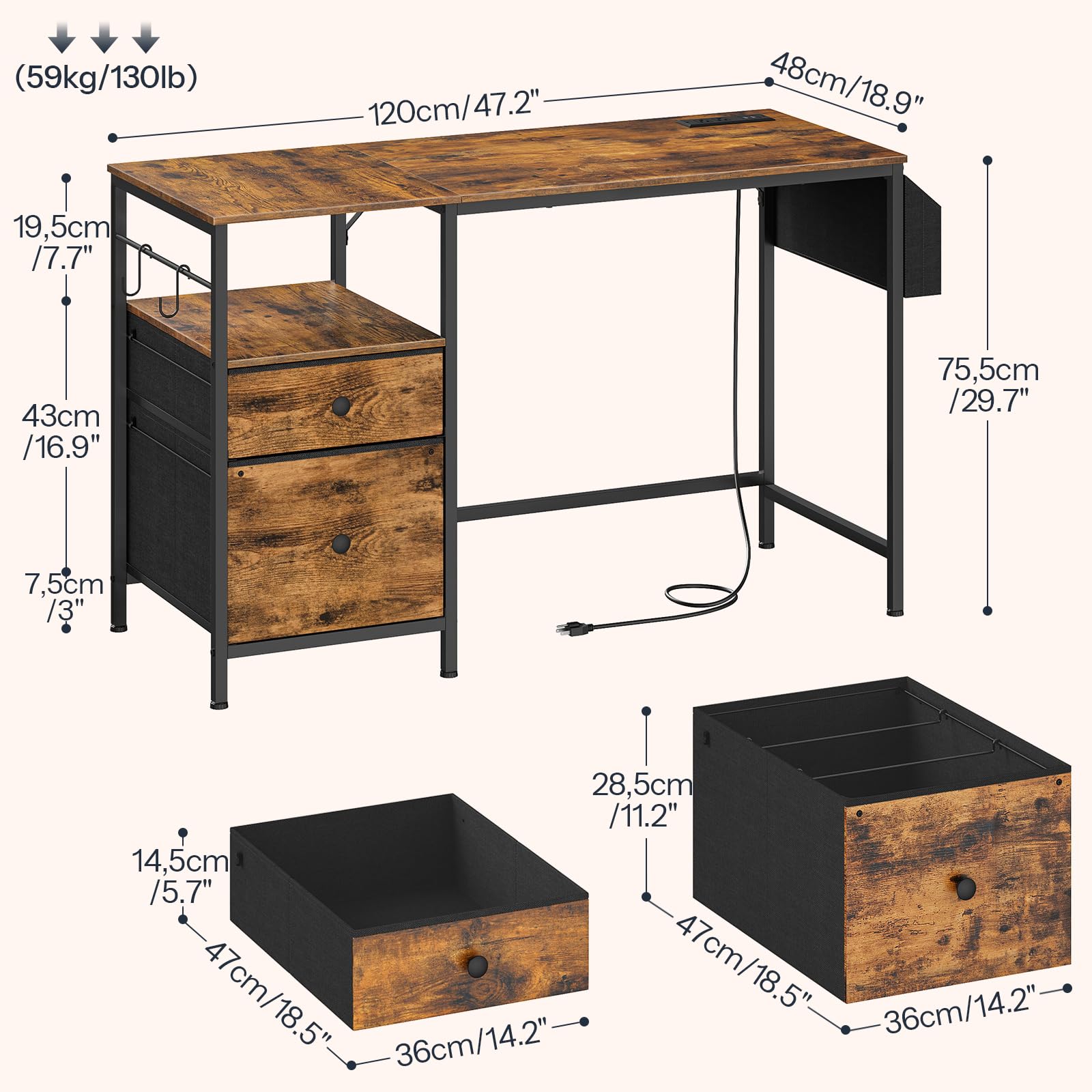 HOOBRO Computer Desk with Fabric File Drawers, 47" Office Desk with Power Outlet, Writing Desk with Side Pocket, for Home Office, Living Room, Easy to Assemble, Rustic Brown and Black BF10UDN01