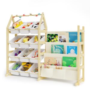 oenalw wooden toy storage organizer kids bookshelf, with 12 toy organizer bins, child book shelf for kids rooms, nursery, baby room, playroom, montessori toys storage organizers rack bookcase shelves