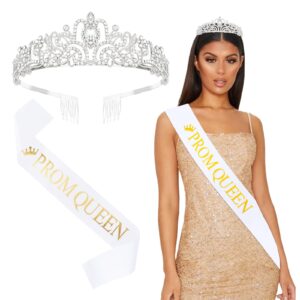 bahaby prom queen sash and tiara set, silver crowns for women & white sash - graduation party school party accessories bachelorette party wedding bridal shower halloween party favors