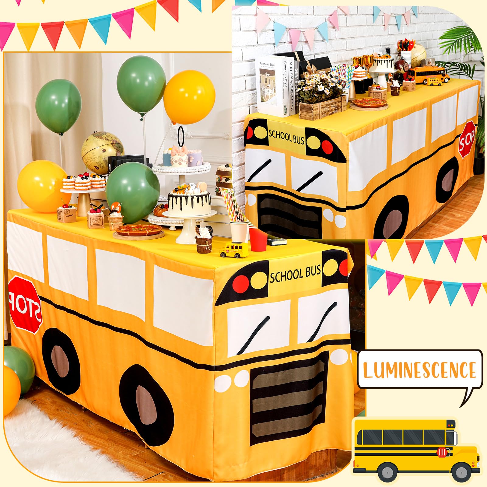 Oudain 6 Ft School BusTablecloth Birthday Party Table Cover Washable Fabric Polyester Rectangle Table Cover Protector School Bus Theme Party Back to School Party Decorations