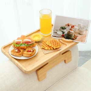 Couch Arm Table Tray, Bamboo Sofa Arm Tray Clip on Side Table with 360° Phone Holder, Foldable Couch Tray for Eating,Drinking,Snacks,Coffee,TV,Remote