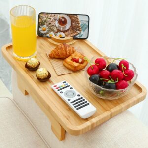 couch arm table tray, bamboo sofa arm tray clip on side table with 360° phone holder, foldable couch tray for eating,drinking,snacks,coffee,tv,remote