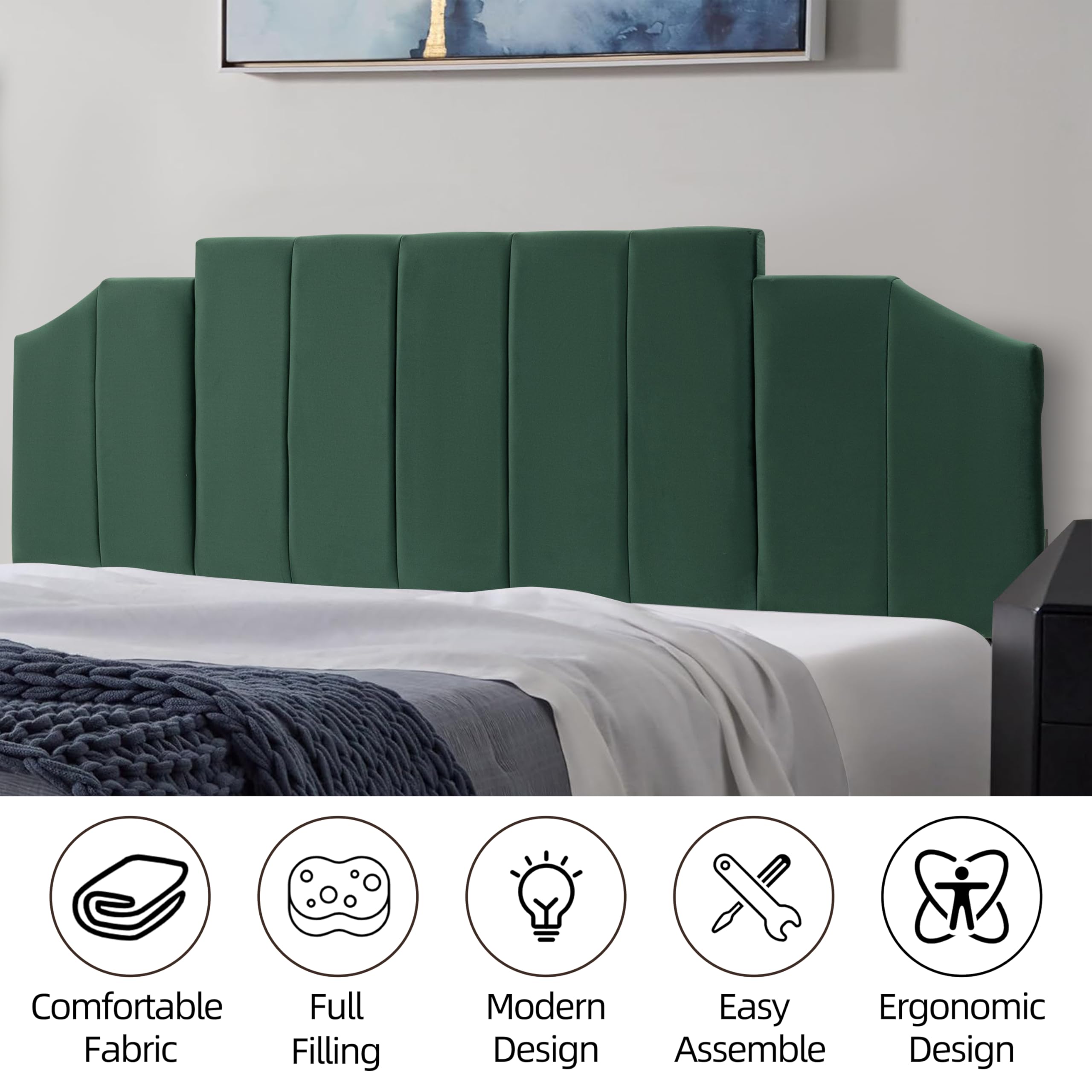 Finnhomy Velvet Upholstered King Size Headboard, Modern Vertical Channel Design, Adjustable Height from 42” to 46” Head Board, Jade