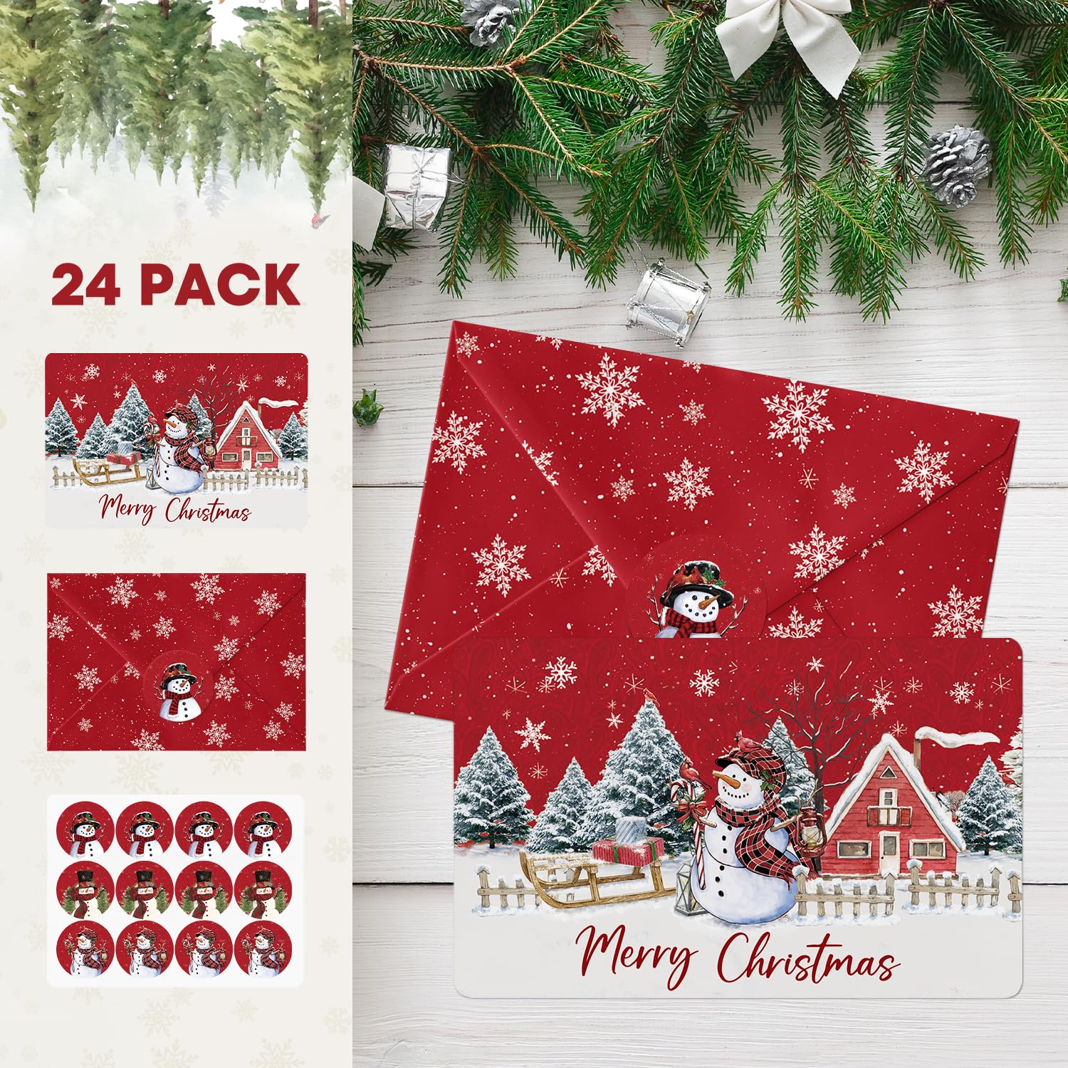 Artoid Mode 24 Pack Merry Christmas Thank You Cards House Snowman Xmas Tree Greeting Cards Gift With Envelope Sticker Blank Note Cards for Birthday Wedding Baby Shower Bridal Shower, 4 x 6 Inch