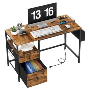 hoobro computer desk with fabric file drawers, 47" office desk with power outlet, writing desk with side pocket, for home office, living room, easy to assemble, rustic brown and black bf10udn01