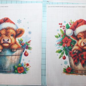 4 Piece 6"x6" Christmas Highland Cows 100% Cotton Fabric Panel Squares - Quilting Sewing Blocks