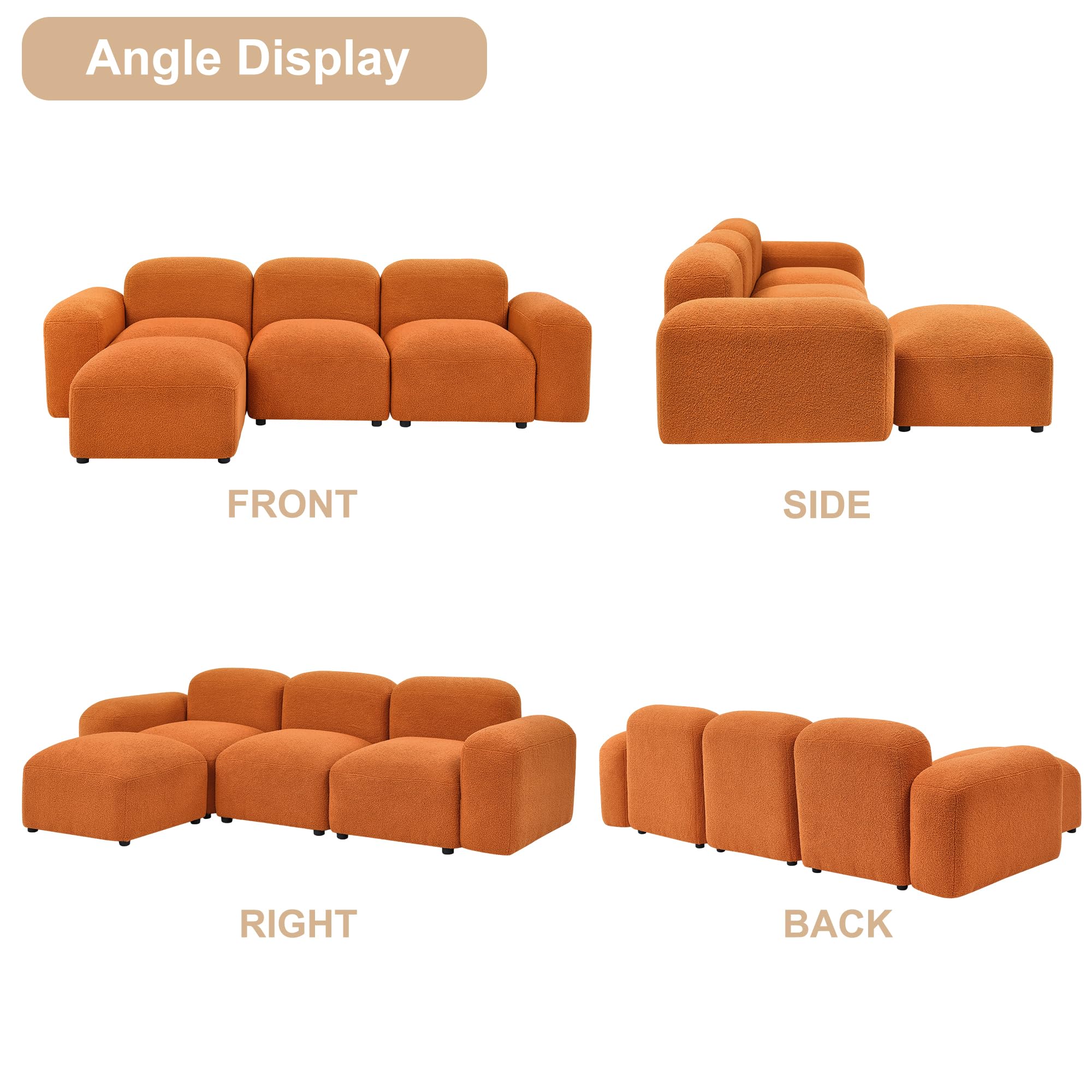 Tmsan Modular Sectional Sofa, Convertible L Shaped Couch, 94.5" Modern Minimalist Cloud Couches for Living Room Set, Comfy Orange Teddy Fabric