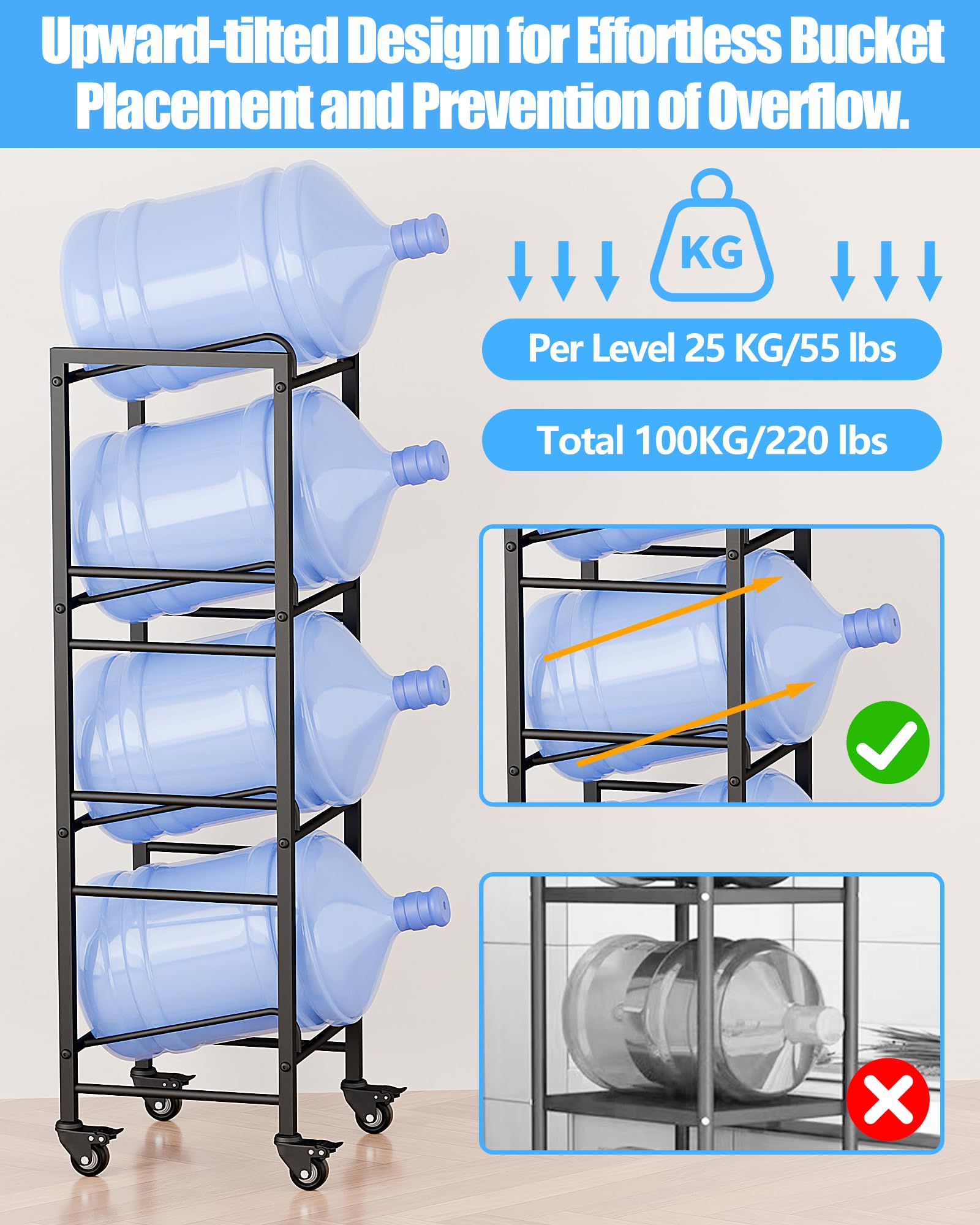 5 Gallon Water Jug Holder, Moveable 4 Tier Heavy Duty Water Rack with 4 Wheels, Rack for Water Jug Storage, Space Saving Water Stand for Four 5 Gallon Water Jugs, Black