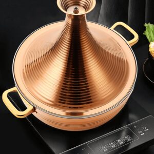 DAOUXIAOSP 304 Stainless Steel Moroccan Tagine Pot,Non Stick Tagine Stainless Steel Tower Stew Dry Pot Non-stick Slow Cooker Seafood High Lid Pan Electromagnetic Cooker Moroccan Tajine Casserole,Gold,