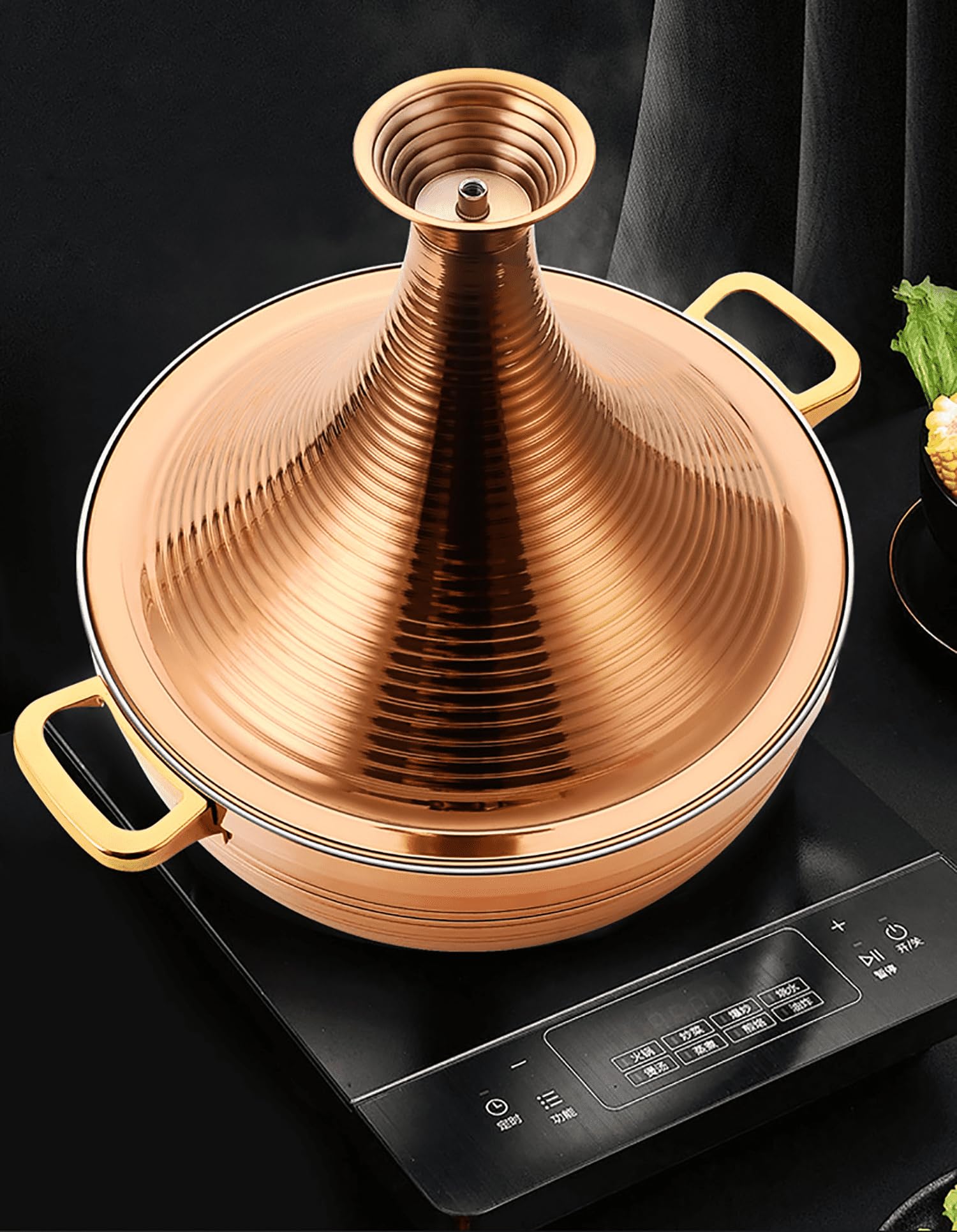 DAOUXIAOSP 304 Stainless Steel Moroccan Tagine Pot,Non Stick Tagine Stainless Steel Tower Stew Dry Pot Non-stick Slow Cooker Seafood High Lid Pan Electromagnetic Cooker Moroccan Tajine Casserole,Gold,