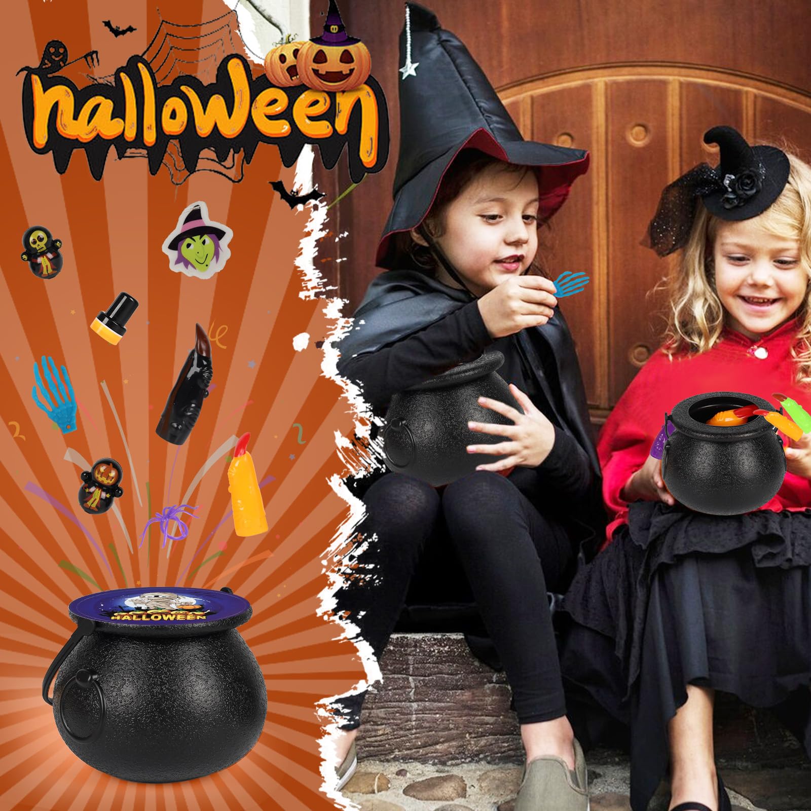 APROAT 240 PCS Halloween Party Favors for Kids Bulk, 24 Pack Prefilled Small Plastic Witch Cauldron,Halloween Toys for Trick or Treat,Halloween Prizes for Kids Party