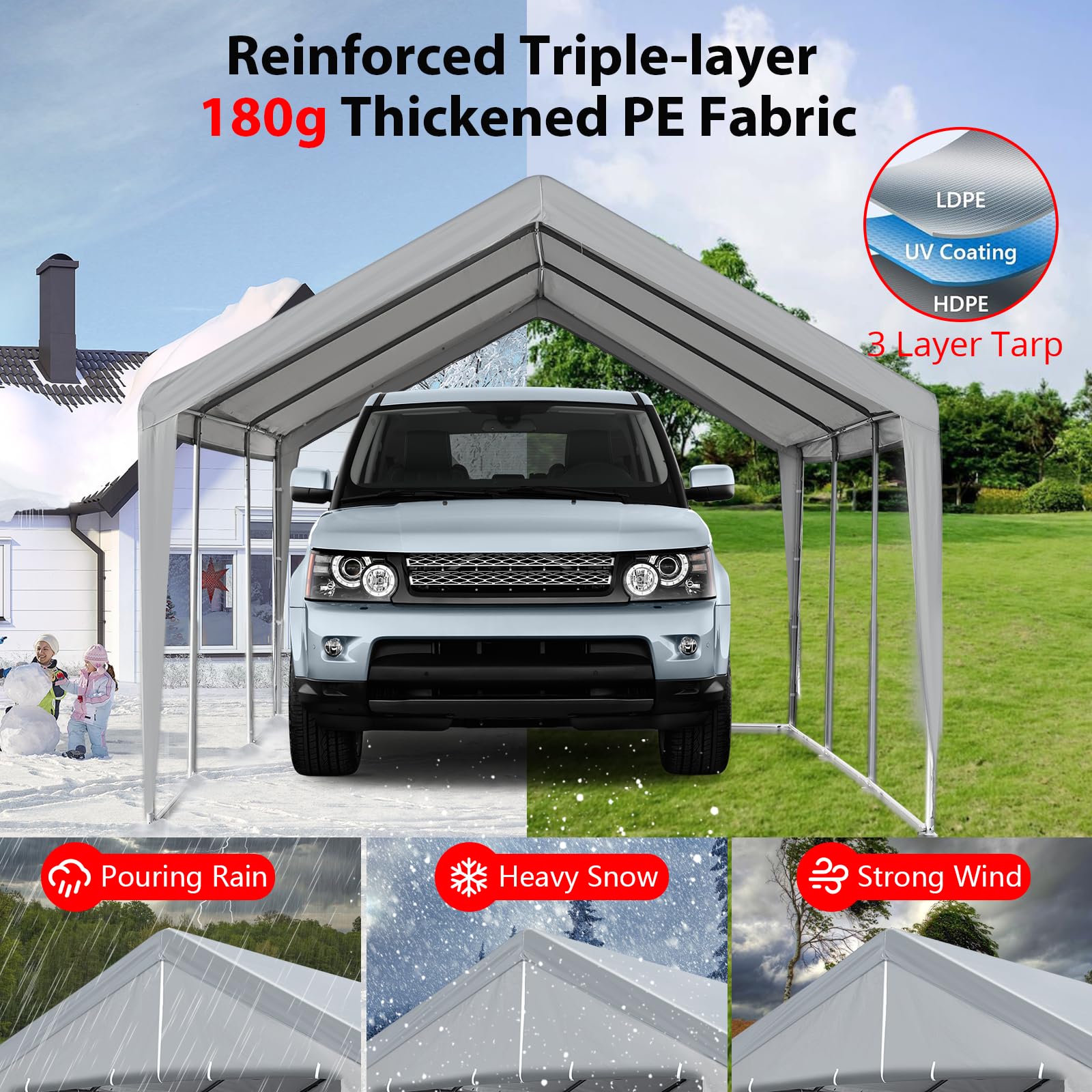 Agrestem Carport 13 x 20 Heavy Duty Portable Garage, Waterproof Anti-Snow Carport with Removable Sidewalls 180G PE Fabric, Galvanized Steel Pipe, 4 Roll-Up Ventilated Windows, Car Port for Car Pickup