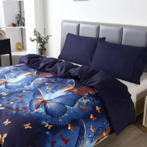 mag 3pcs butterfly bedding duvet cover set,vintage bedding sets,cute duvet cover set for toddler, kids, girls, super soft microfiber (no comforter) (dark blue, twin)