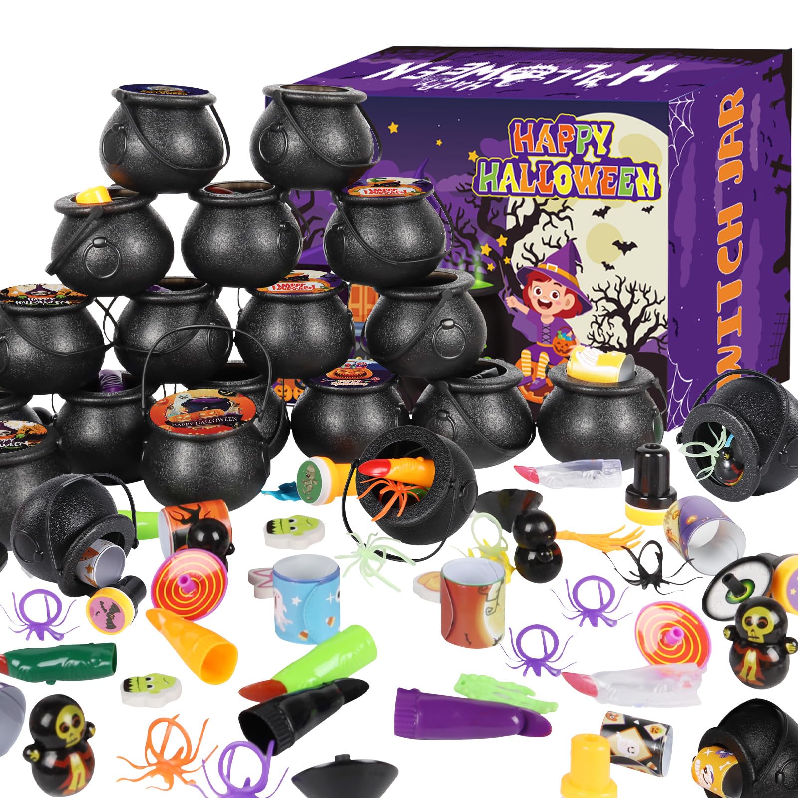 APROAT 240 PCS Halloween Party Favors for Kids Bulk, 24 Pack Prefilled Small Plastic Witch Cauldron,Halloween Toys for Trick or Treat,Halloween Prizes for Kids Party